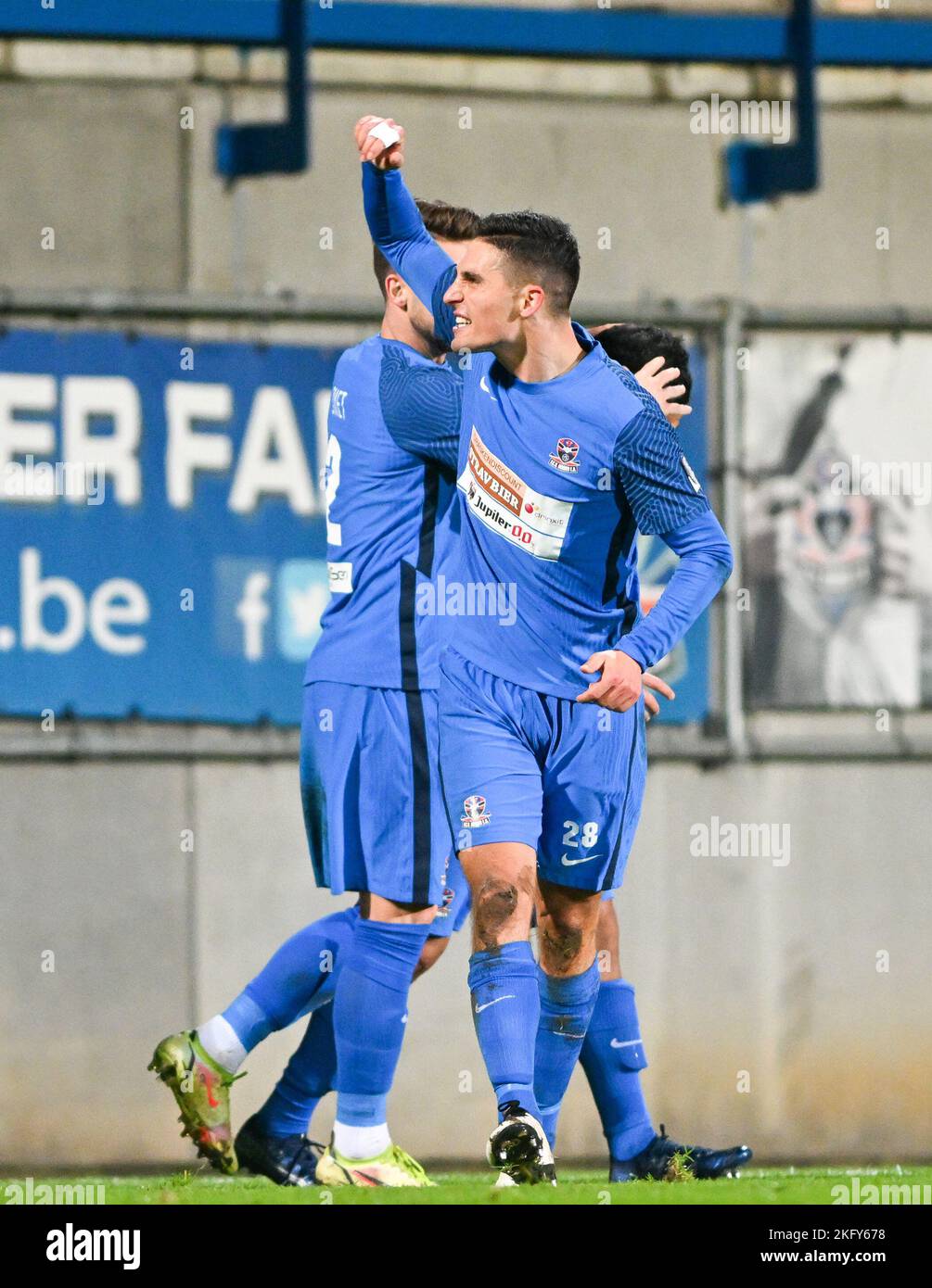 Dender's Stefano Marzo celebrates after scoring during a soccer match ...