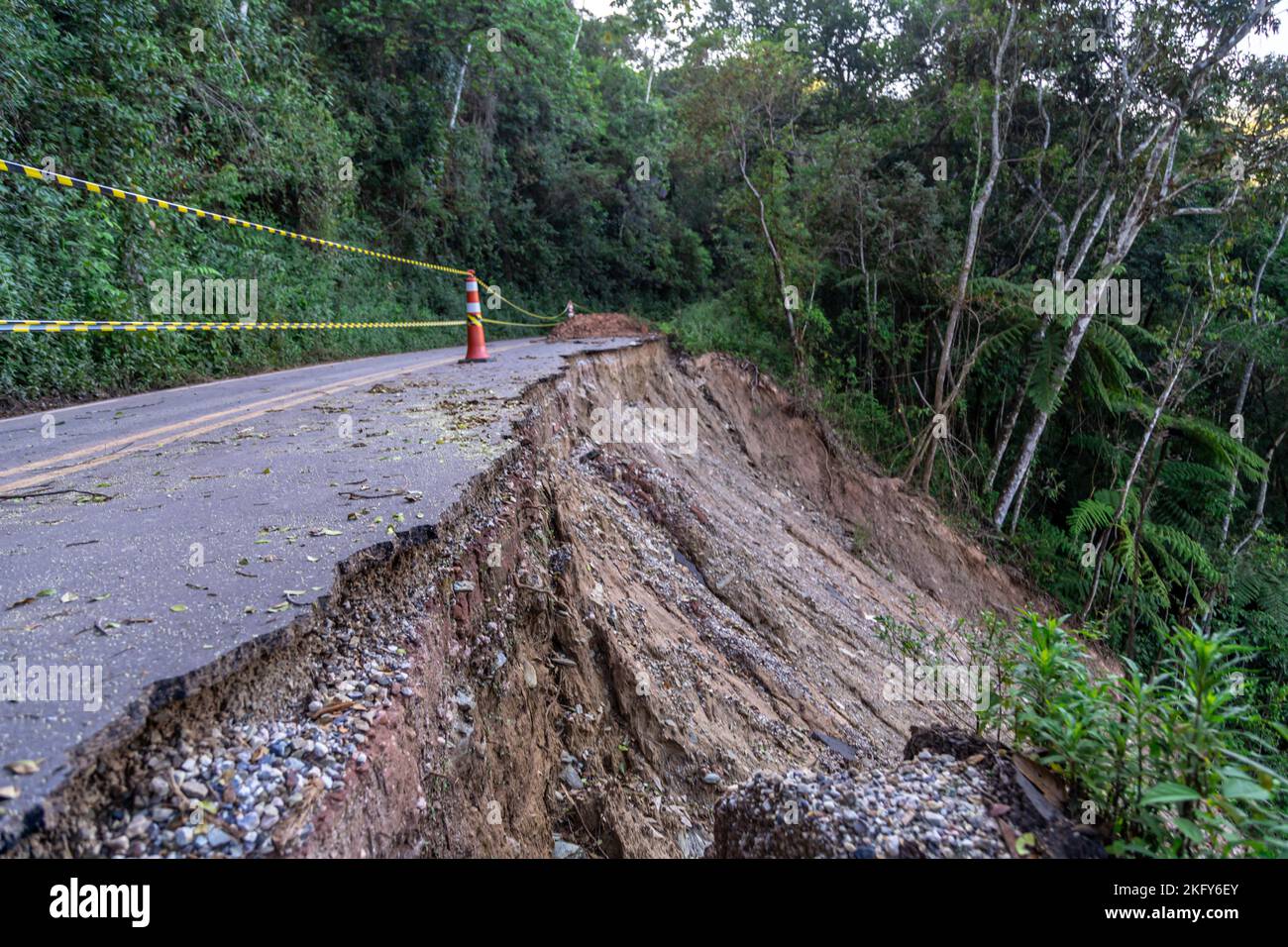 asphalt road damaged by a landslide in a mountain area Stock Photo - Alamy