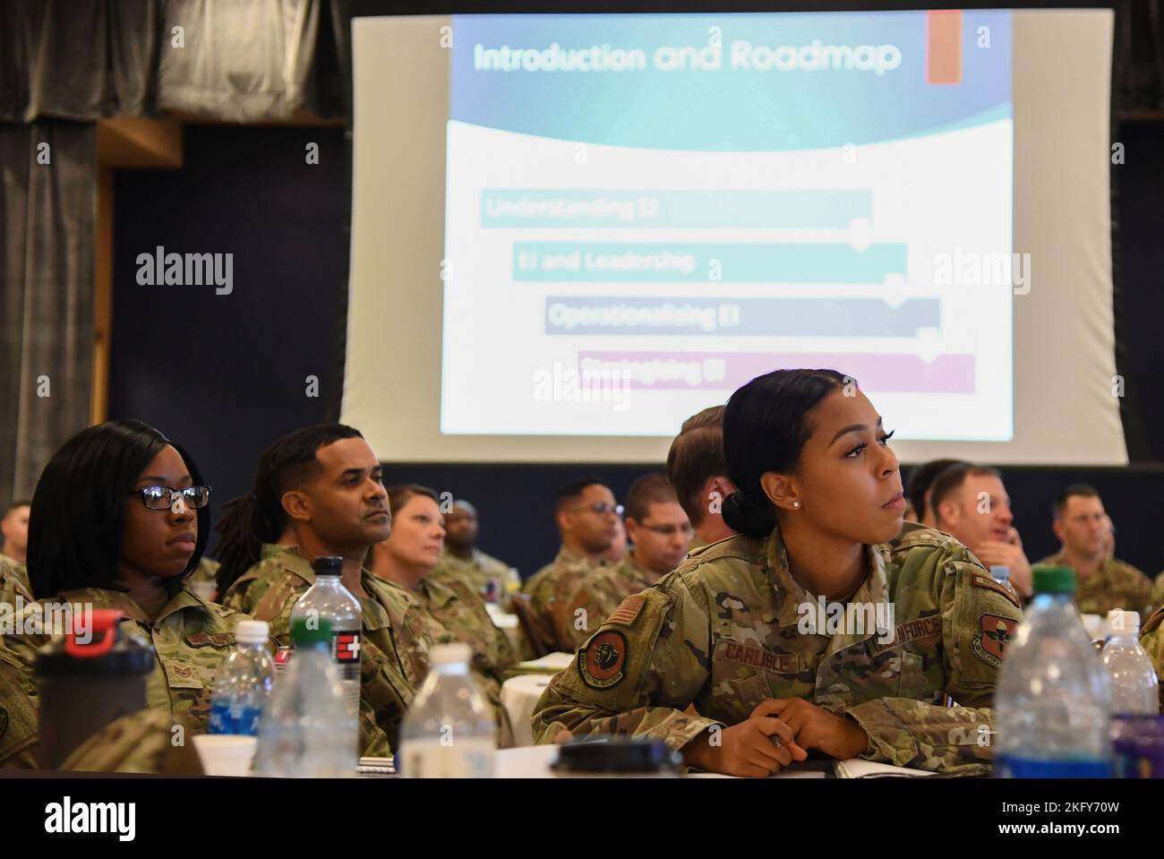 Airmen listen to the 'emotional intelligence' briefing during the ...