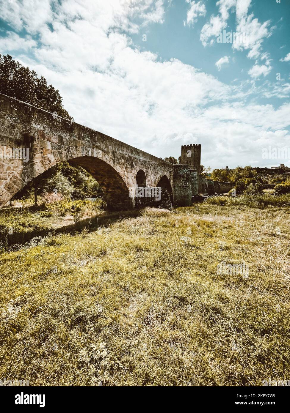 A vertical of the medieval bridge of Frias, Spain above grassland Stock ...