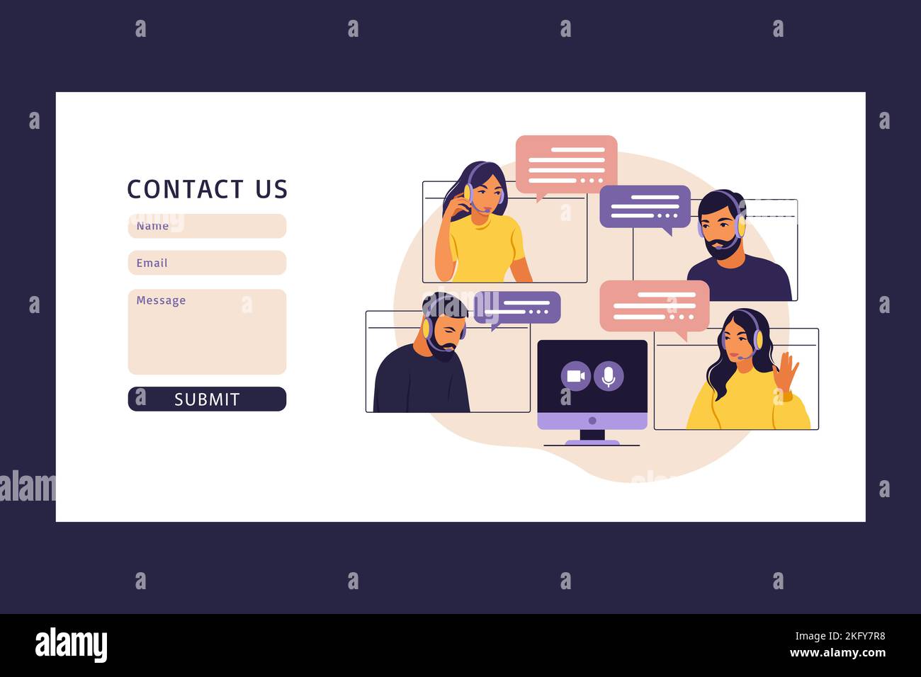 Contact us form template for web. Video meeting of people group. Online ...