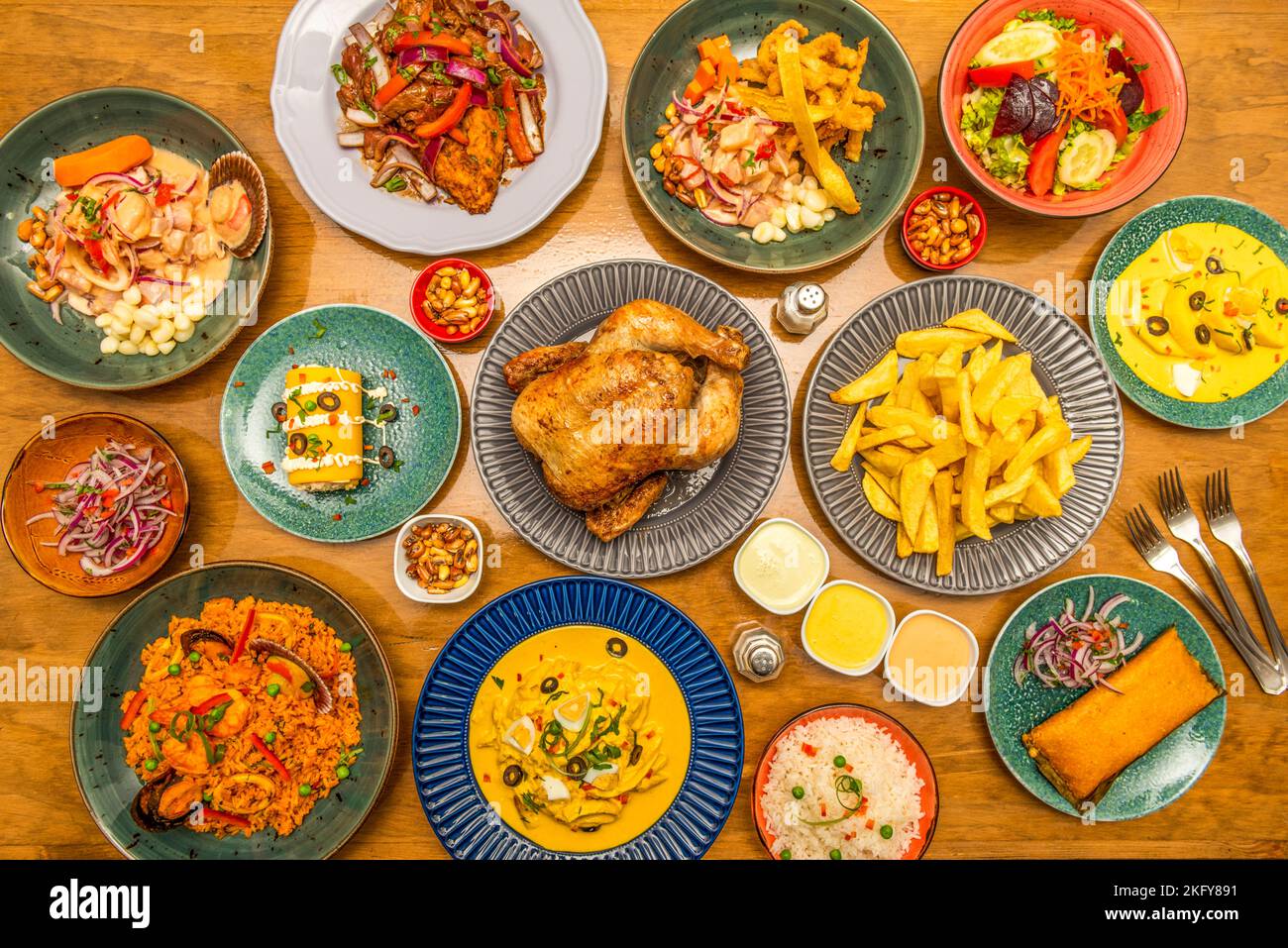 Set of colorful Peruvian gastronomy recipes with Sunday roast chicken ...