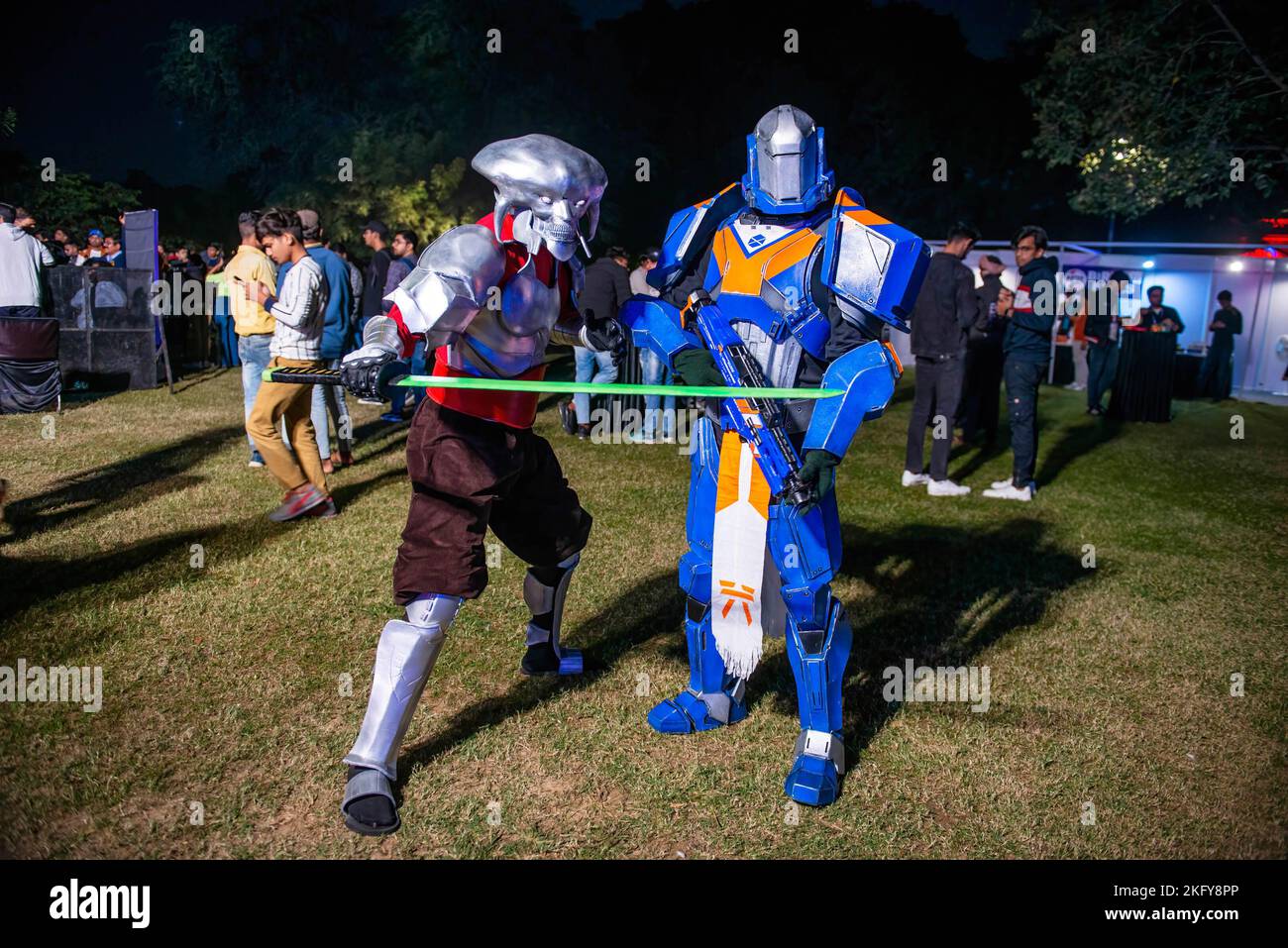 Men dressed in gaming character pose for photos during the Red Bull M.E ...