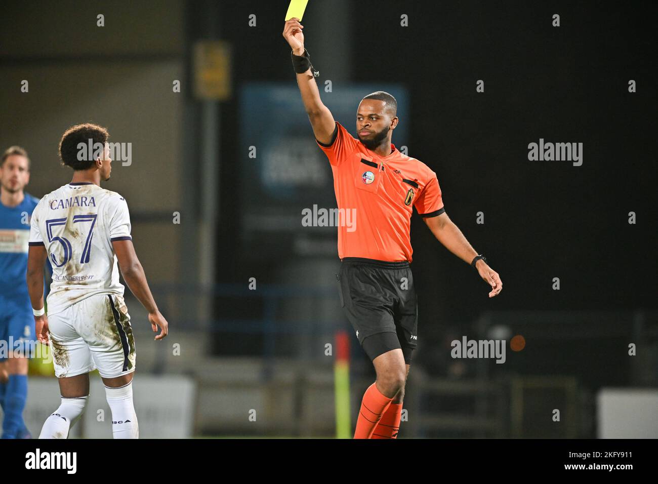 RSCA Futures' Ilay Camara receives a yellow card from referee Marco ...