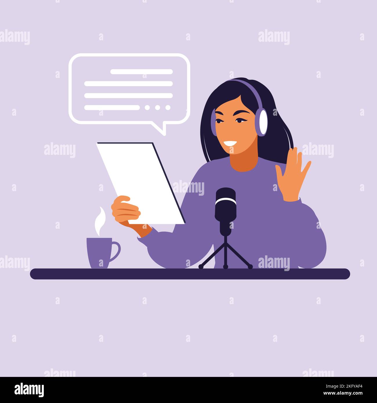 Female podcaster talking to microphone recording podcast in studio ...