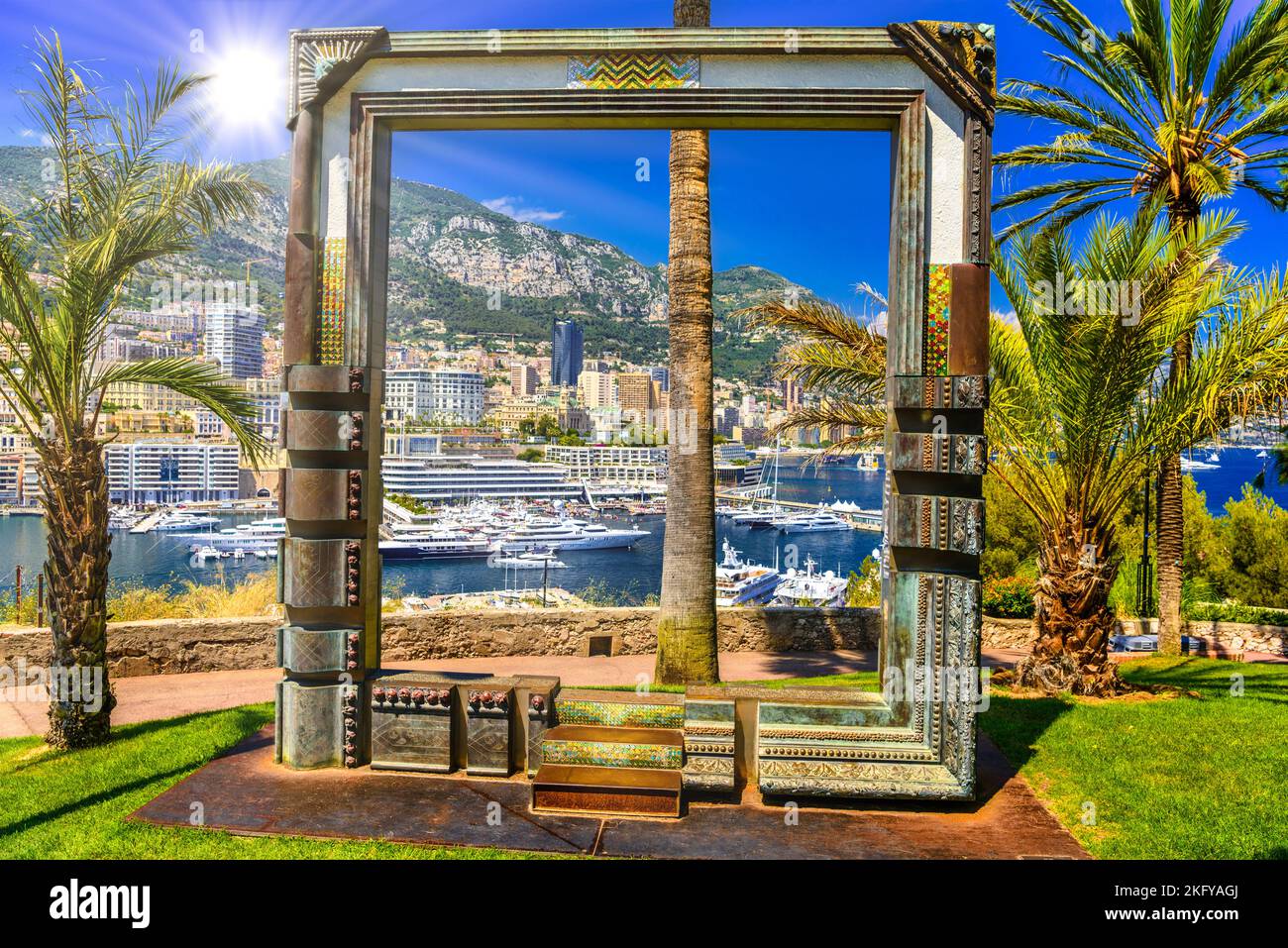Photo frame with palms and yachts in Fontvielle, Monte-Carlo, Monaco ...
