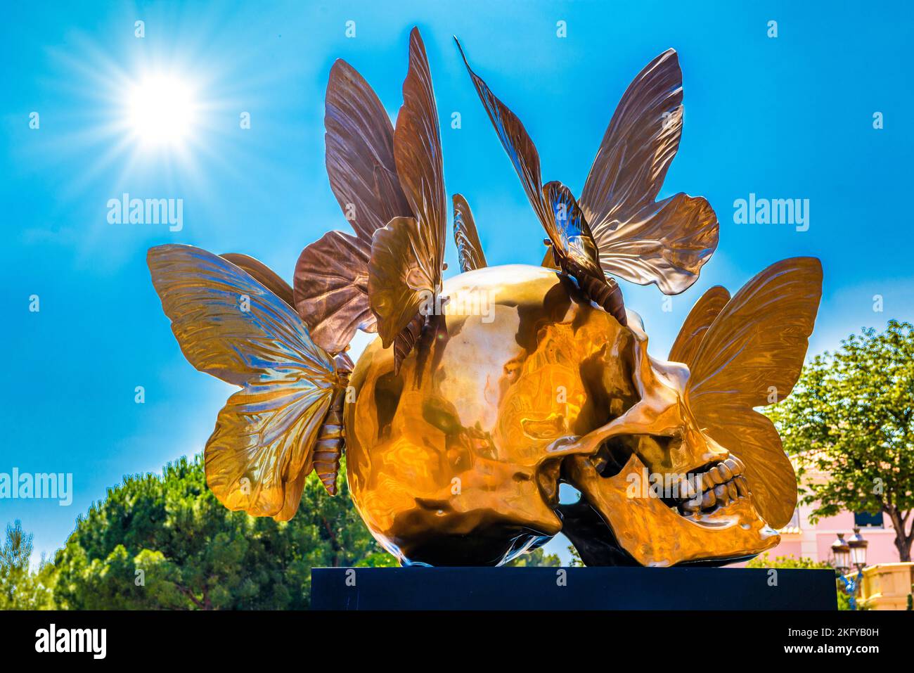 Skull golden monument with butterflies in Fontvielle, Monte-Carlo ...