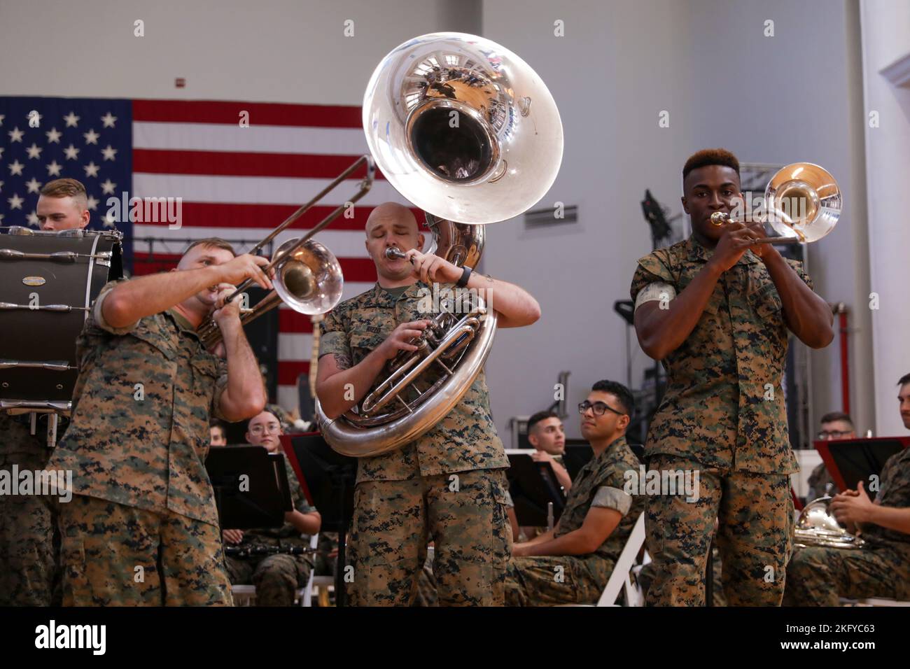 Members of the Parris Island Marine Band, Headquarters and Service Battalion, perform for ...