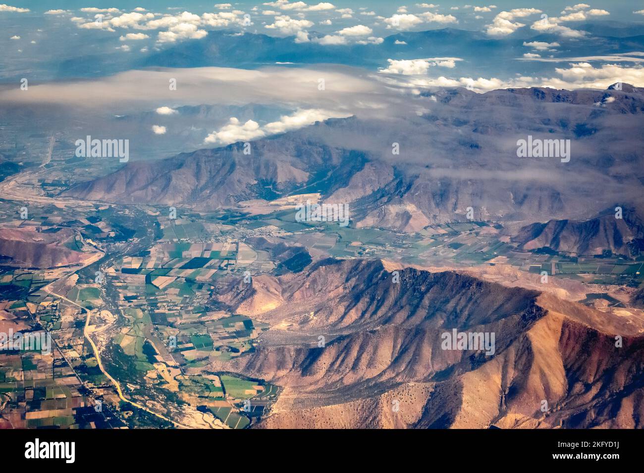 Andes cordillera and agricultural field aerial view near Santiago ...