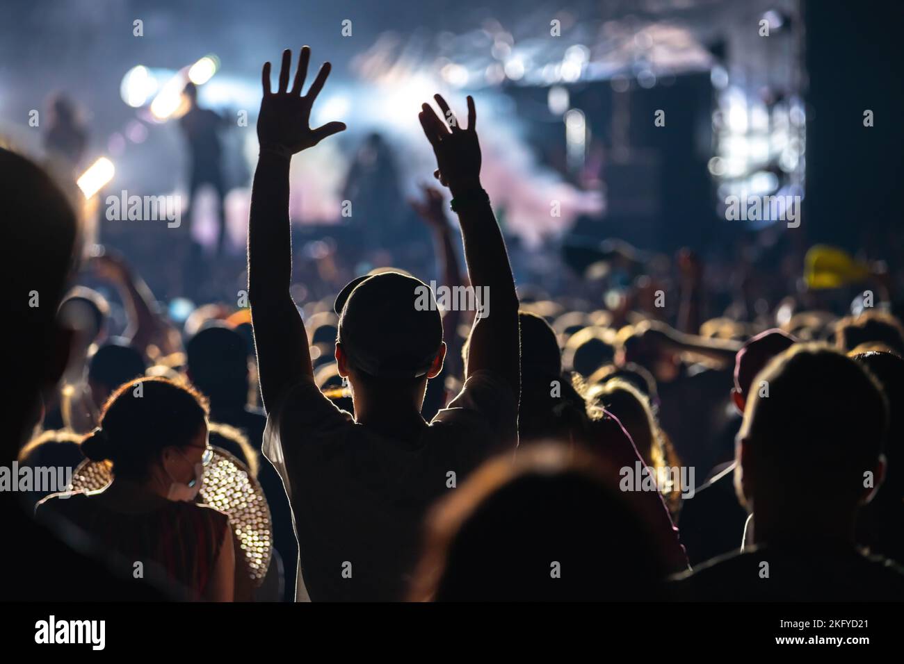 Raised hands in honor of a musical show on stage, People in the hall ...