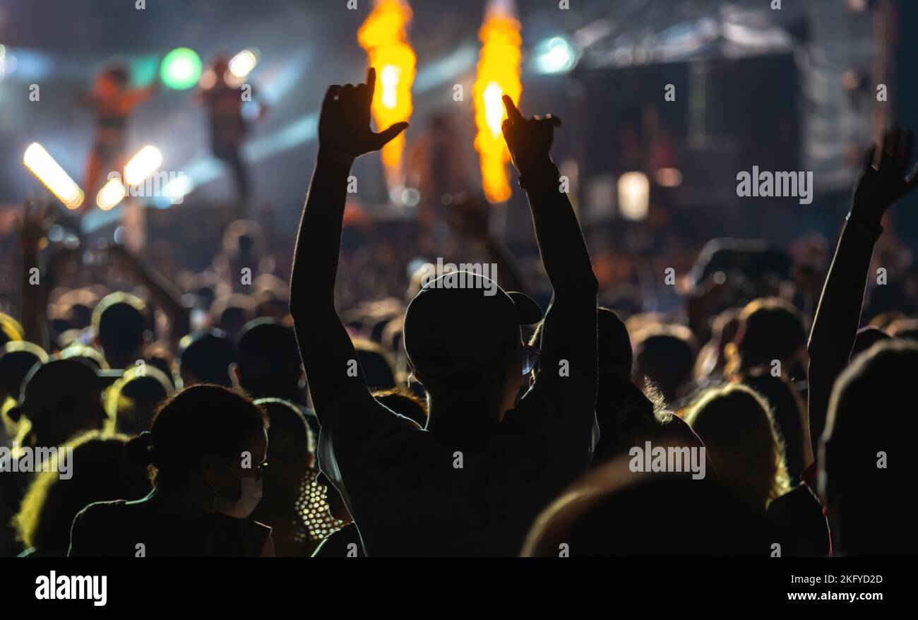 Raised hands in honor of a musical show on stage, People in the hall ...