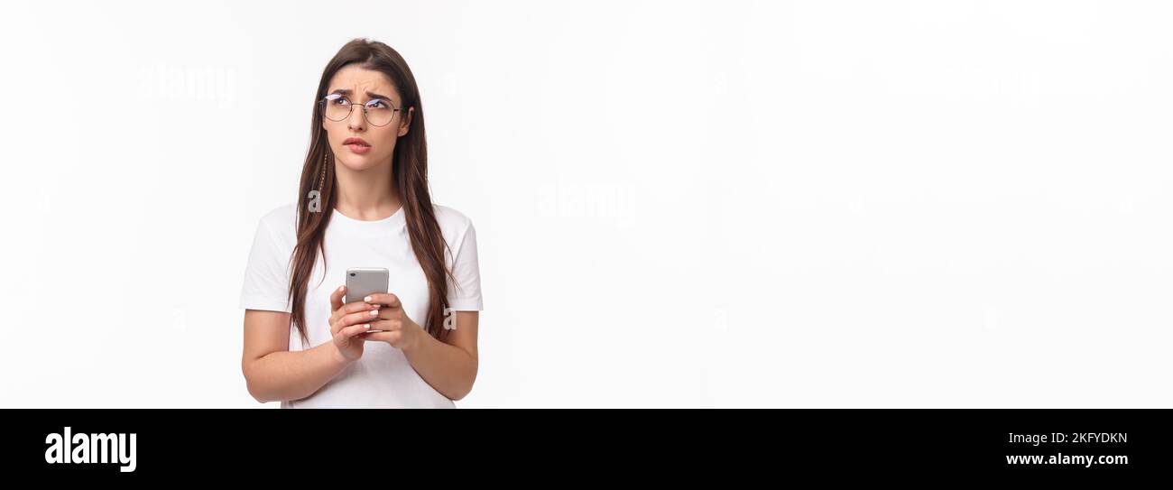 Communication, technology and lifestyle concept. Portrait of troubled ...