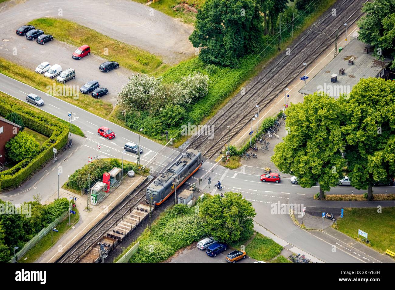 Aerial view, freight train at Stockwieser Damm level crossing, Sythen ...