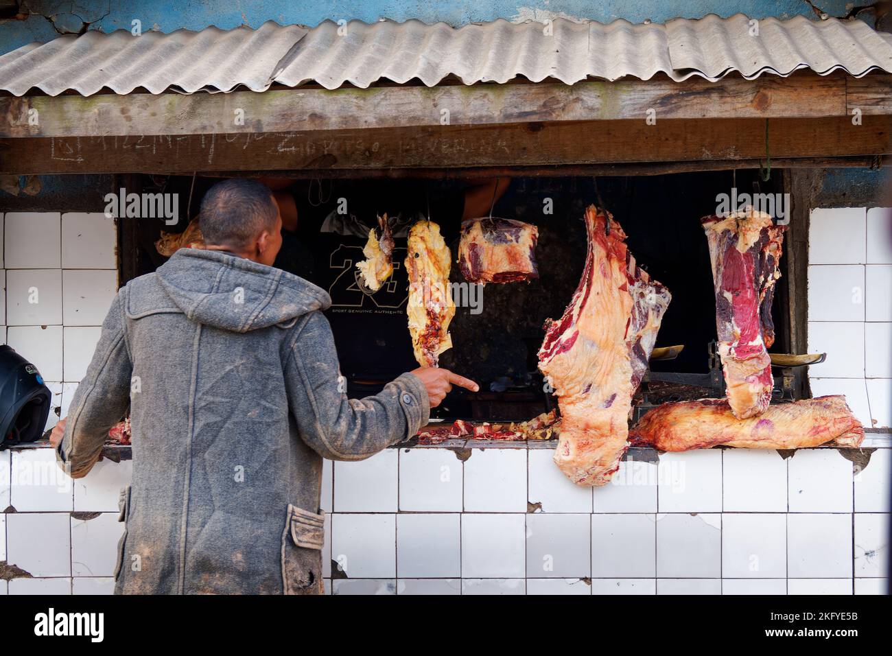 Street butchery stall in Malagasy village in Madagascar, food butcher ...