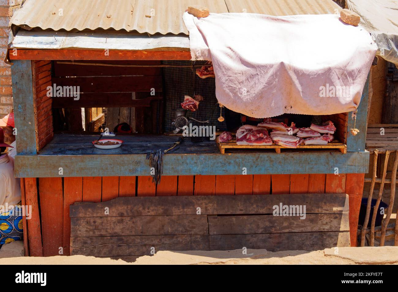 Street butchery stall in Malagasy village in Madagascar, food butcher ...