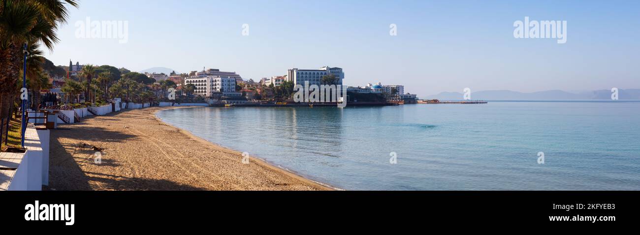 Sandy Beach in a touristic town on Aegean Sea. Ladies Beach in Kusadasi ...