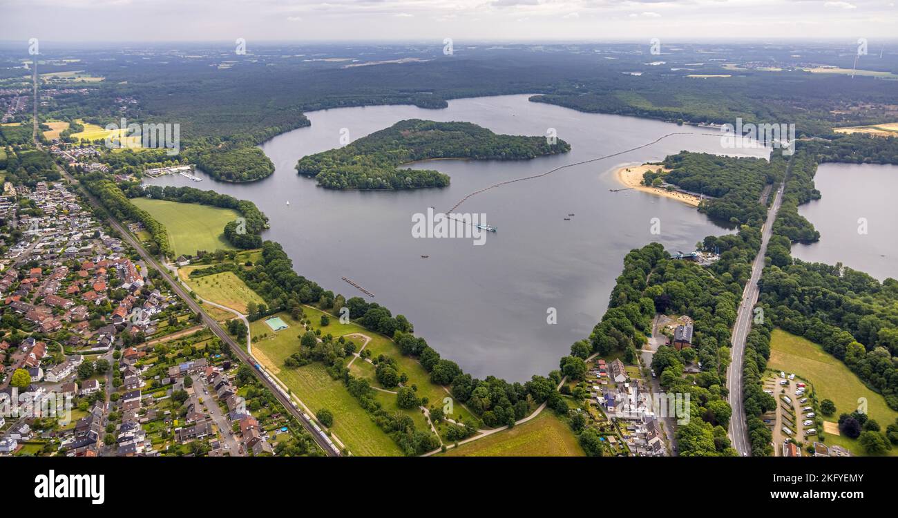 Aerial view, Haltern reservoir with Overrath island, Haltern town ...