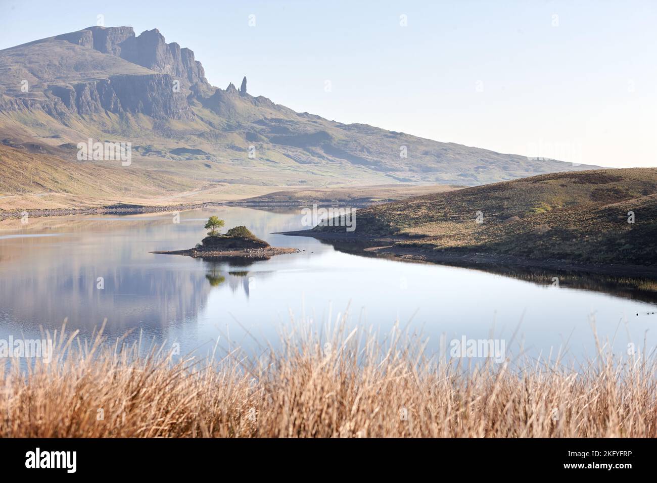 A beautiful view of Lake Skye with mountains and fields around, on the ...