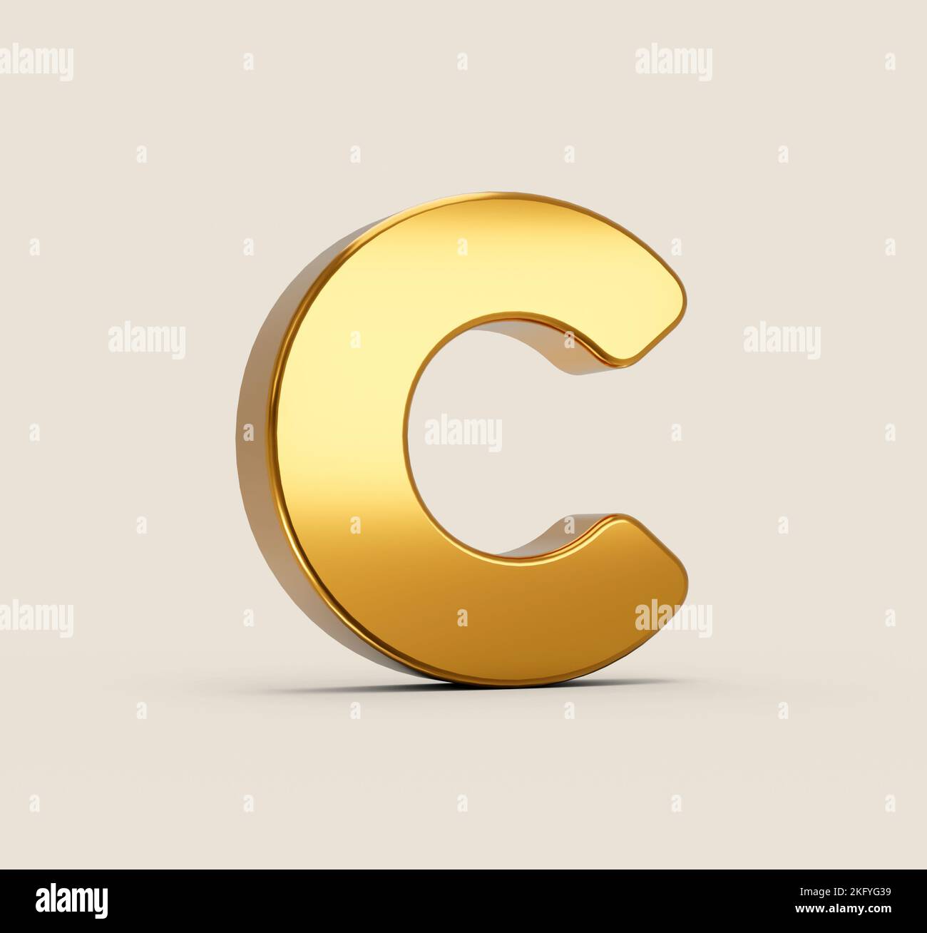 A 3d render design of golden C alphabet on beige background with shadow ...