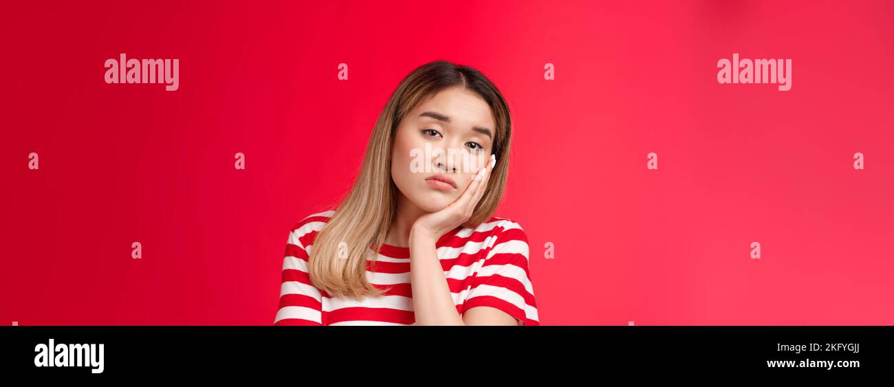 Close-up tired girl express apathy boredom, sighing reluctant look ...