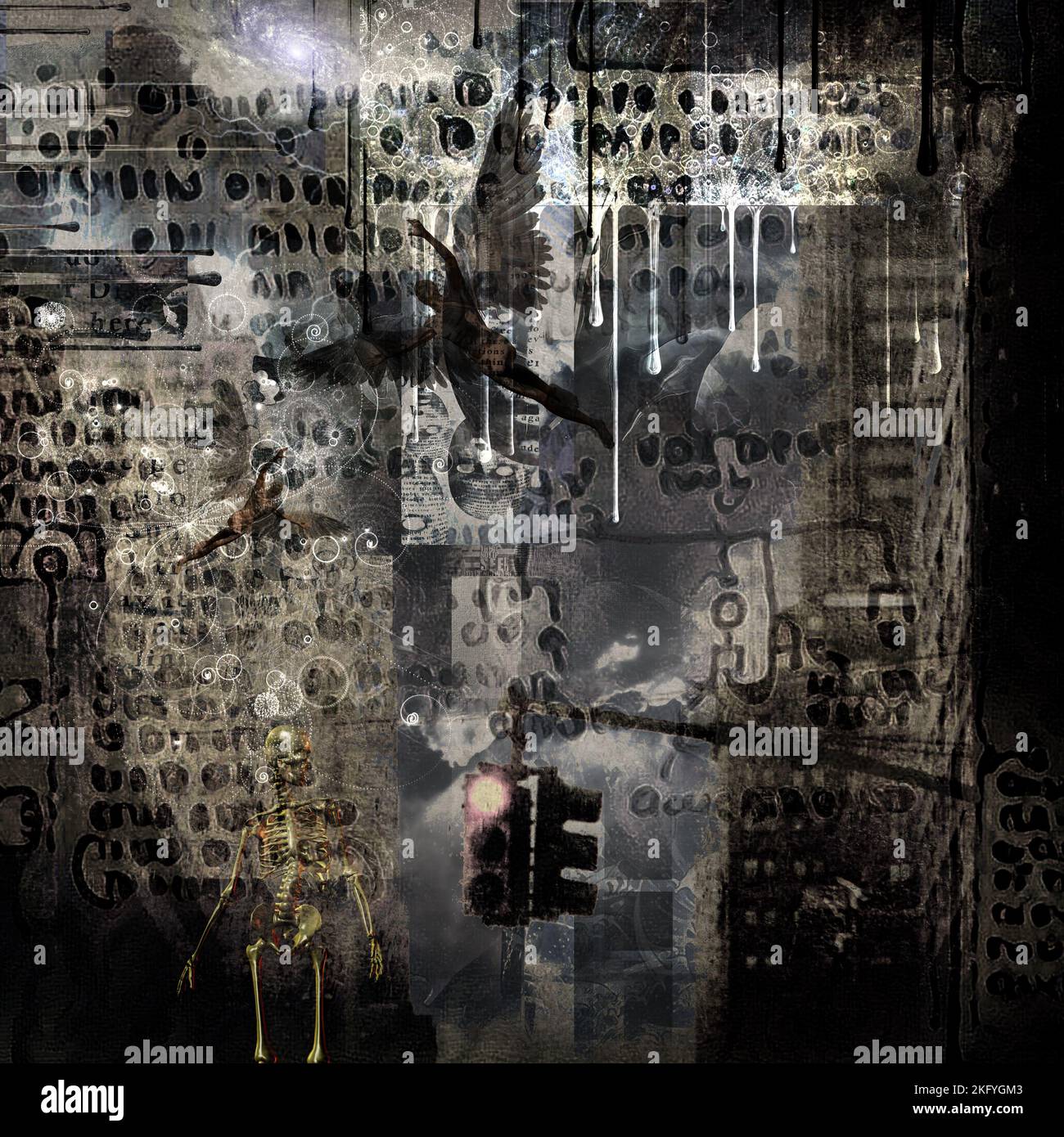 Modern digital art. Surreal urban grunge. Mixed media. 3D rendering ...