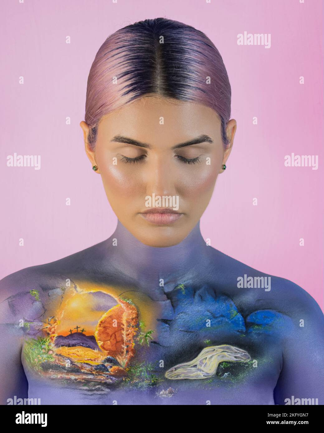 A vertical shot of a female isolated on purple background with ...