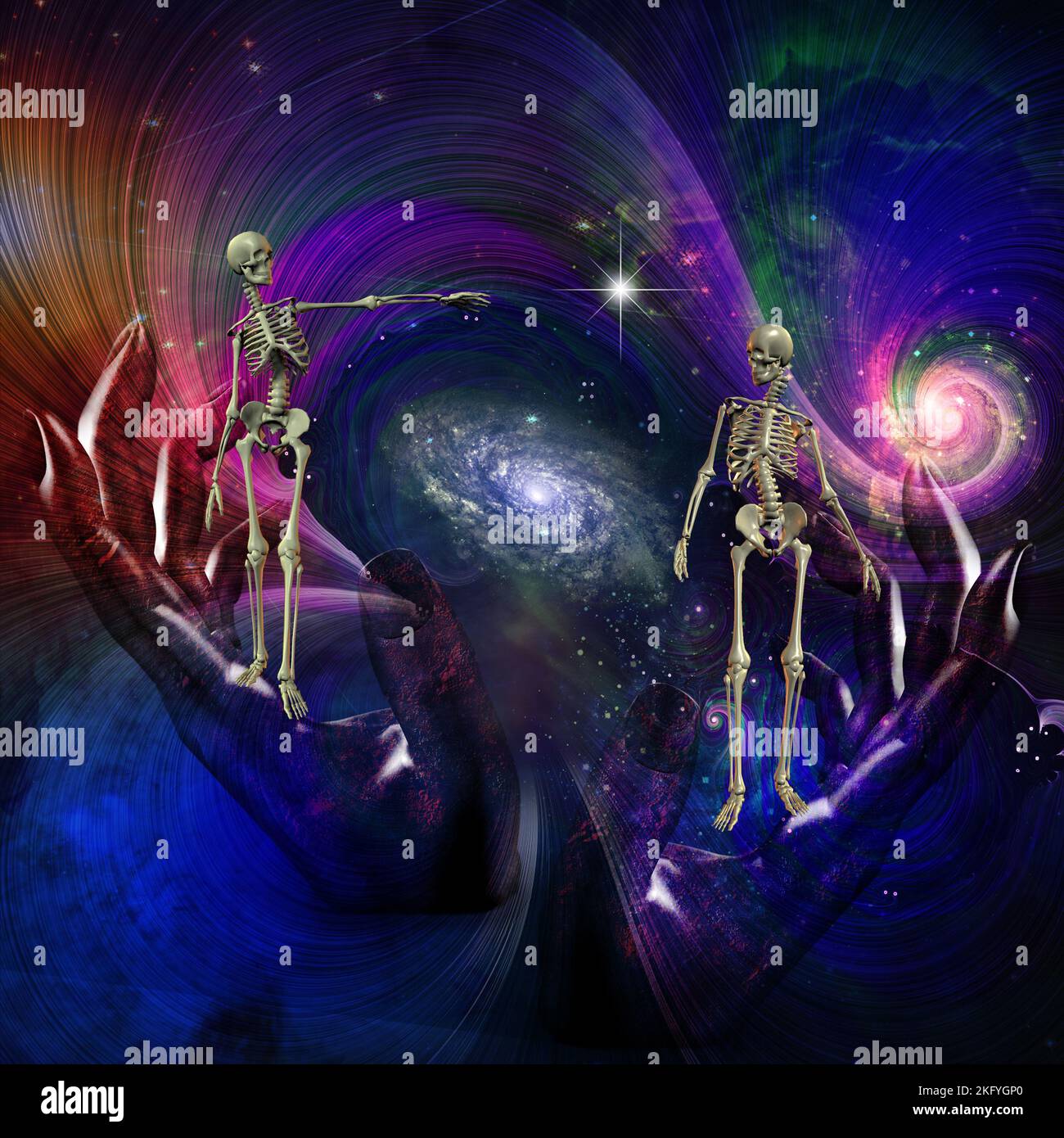 Skeletal Figures in Cosmos. Ending of existence. 3D rendering Stock ...