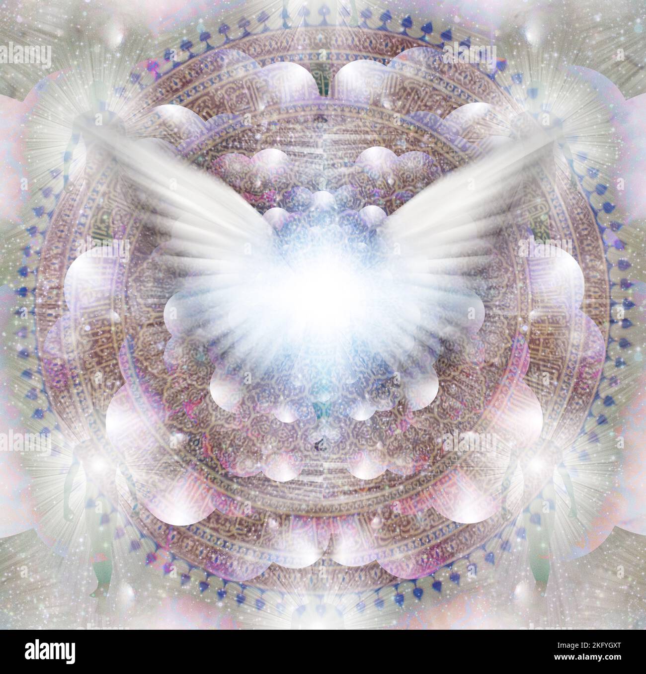 Shining wings in a center of Indian mandala. Multi-layered spaces ...