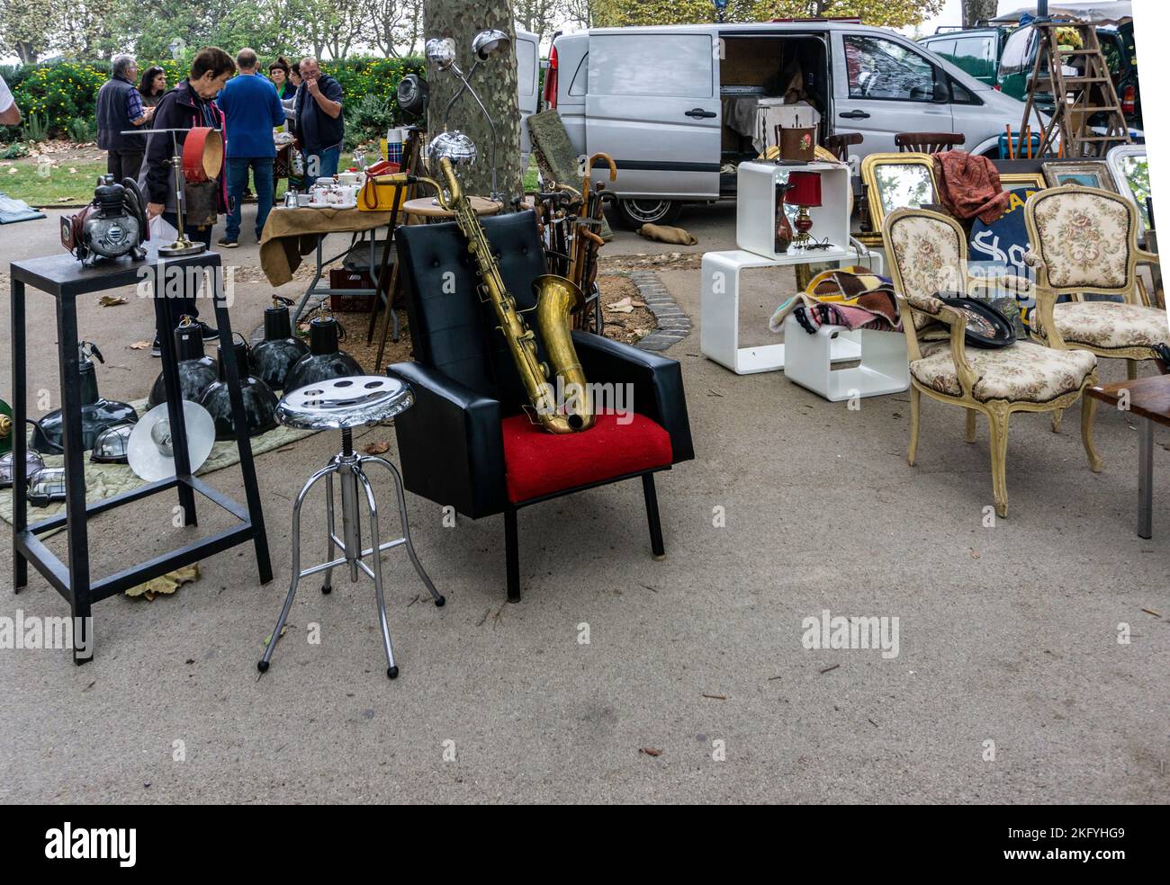 The Sunday flea market in the Peyrou in Montpelier, France. A large ...