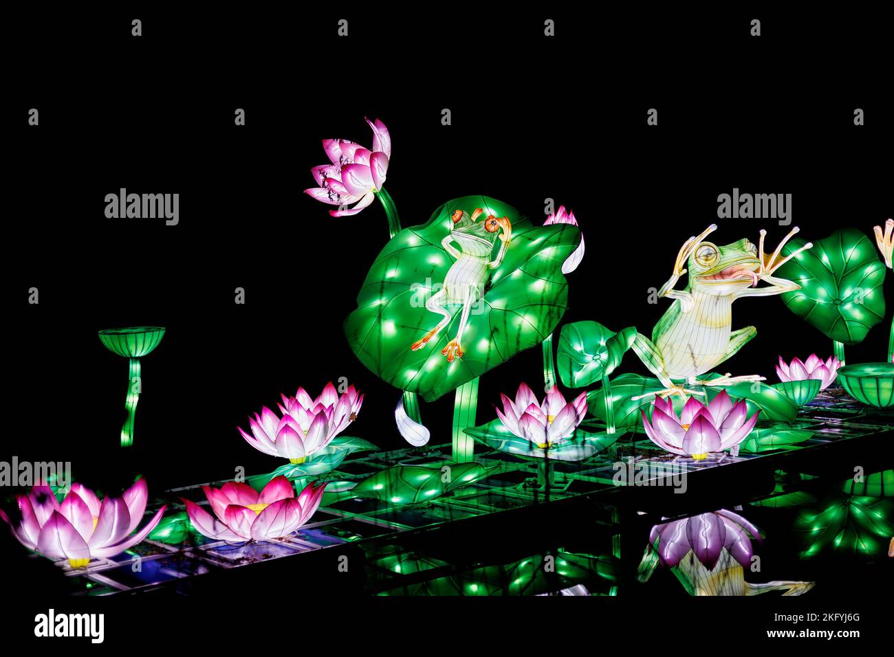 London, England - December 26 2021: Illuminated frog sculptures at ...