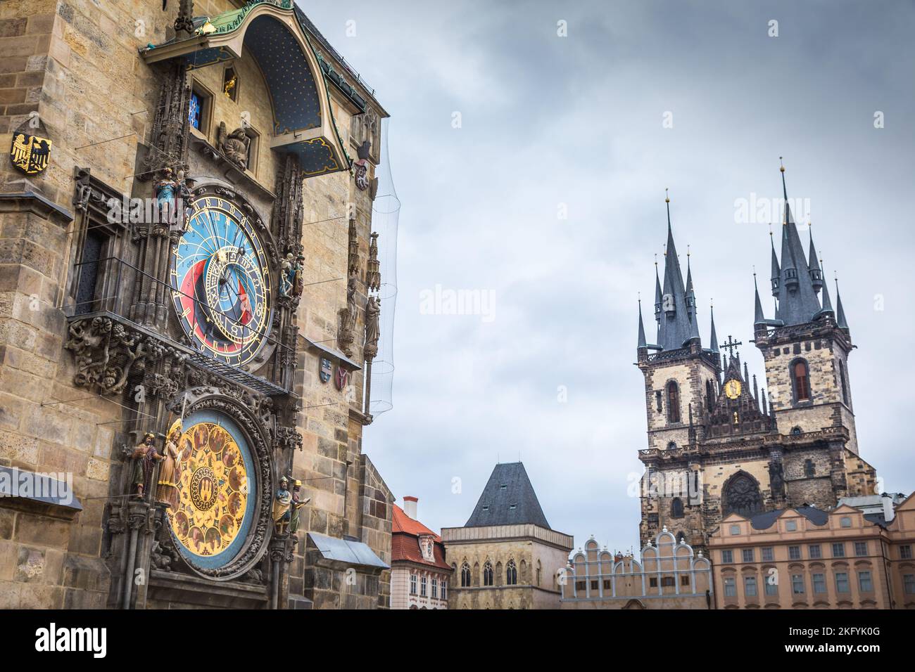 Astronomical clock in Prague old town square at night, Czech Republic ...