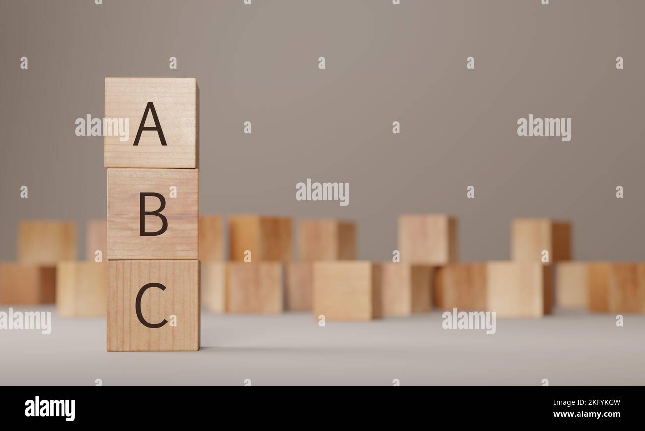 Stack of wood tile blocks with ABC sign, 3d rendering. Education ...