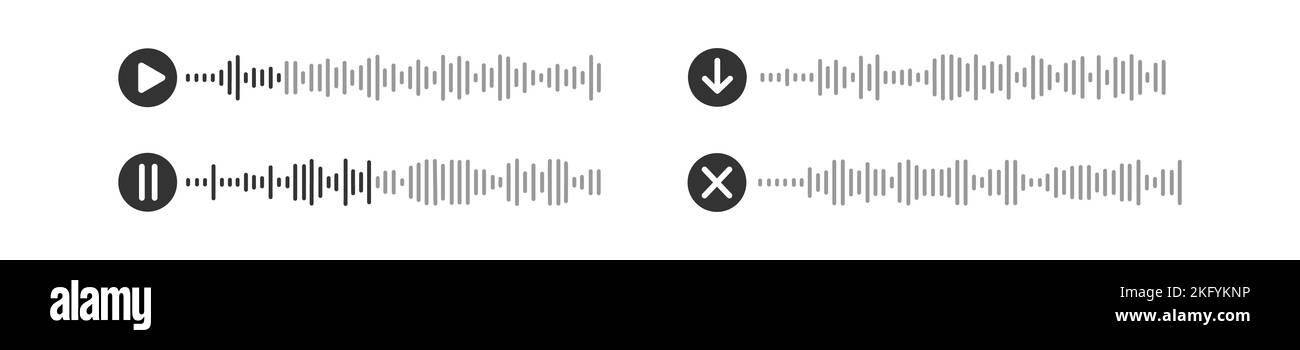 Sound file icons. Voicemail pictograms. Audio chat elements with play, pause, download buttons ...