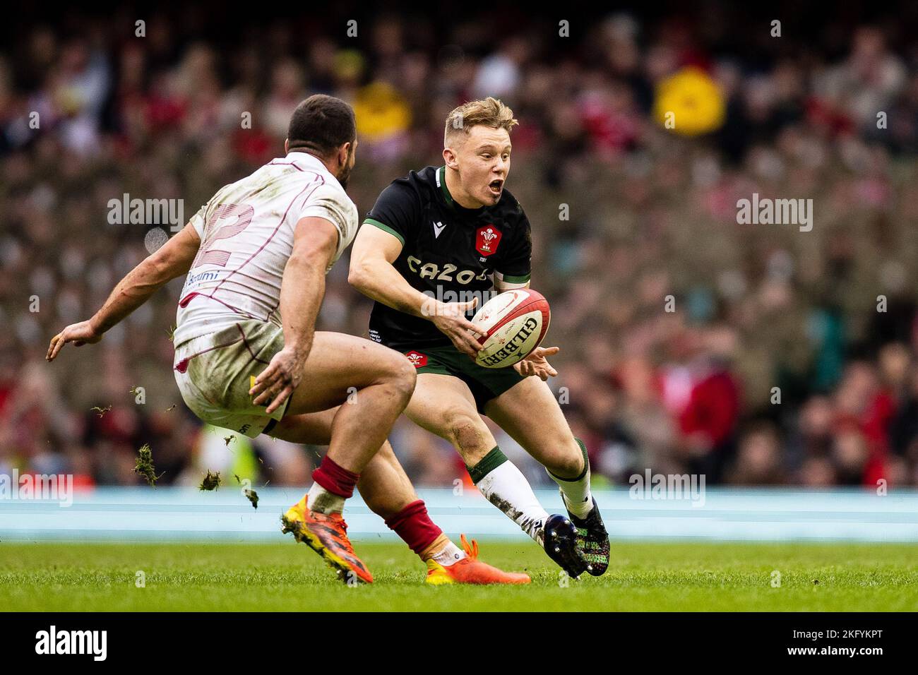 Sam Costelow of Wales and Merab Sharikadze of Georgia during the 2022 ...