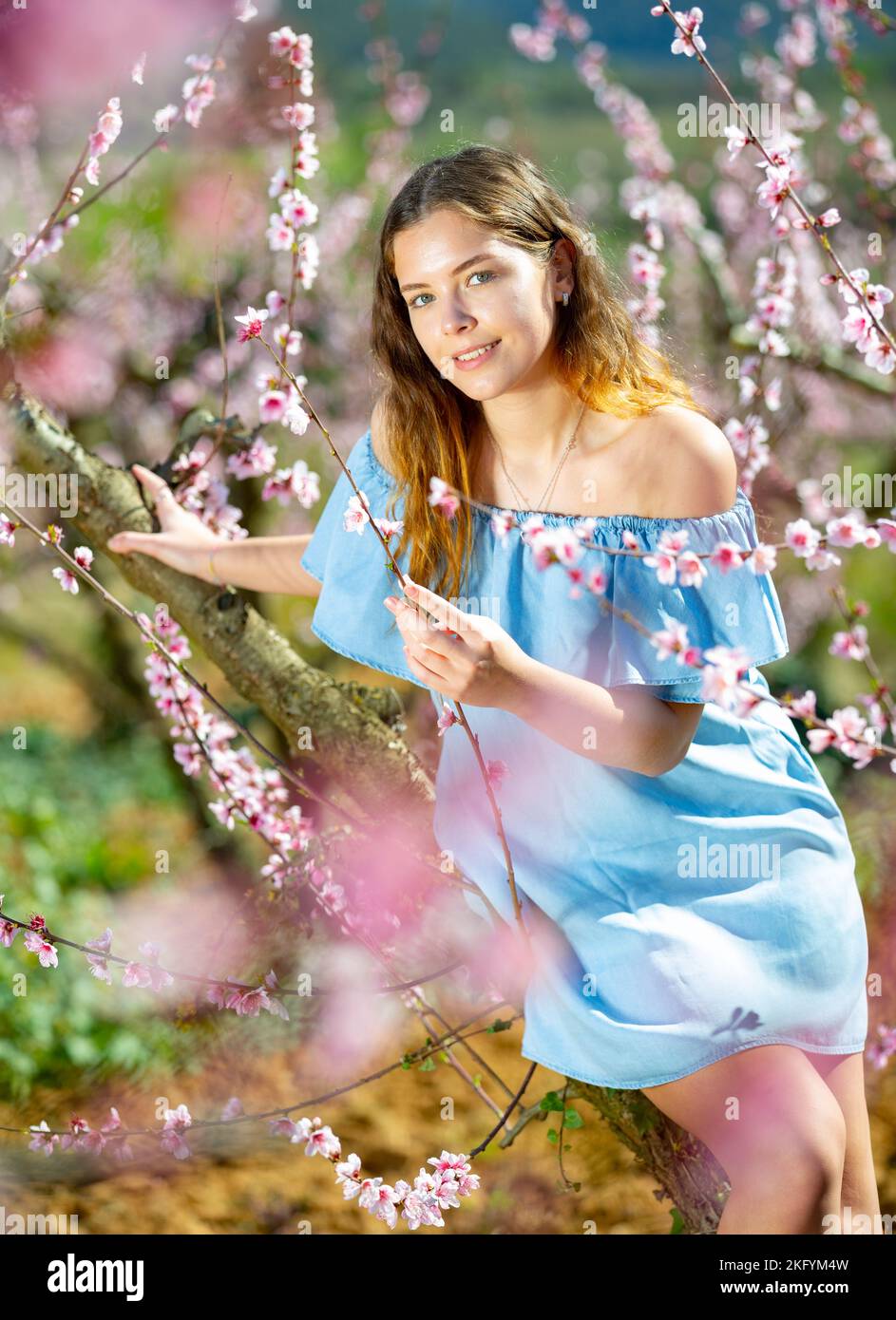 Portrait of young smiling woman in a garden with blooming peach trees ...