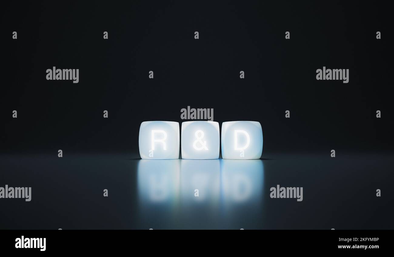 Lightbox, backlit letter cubes with R&D abbreviation on black ...