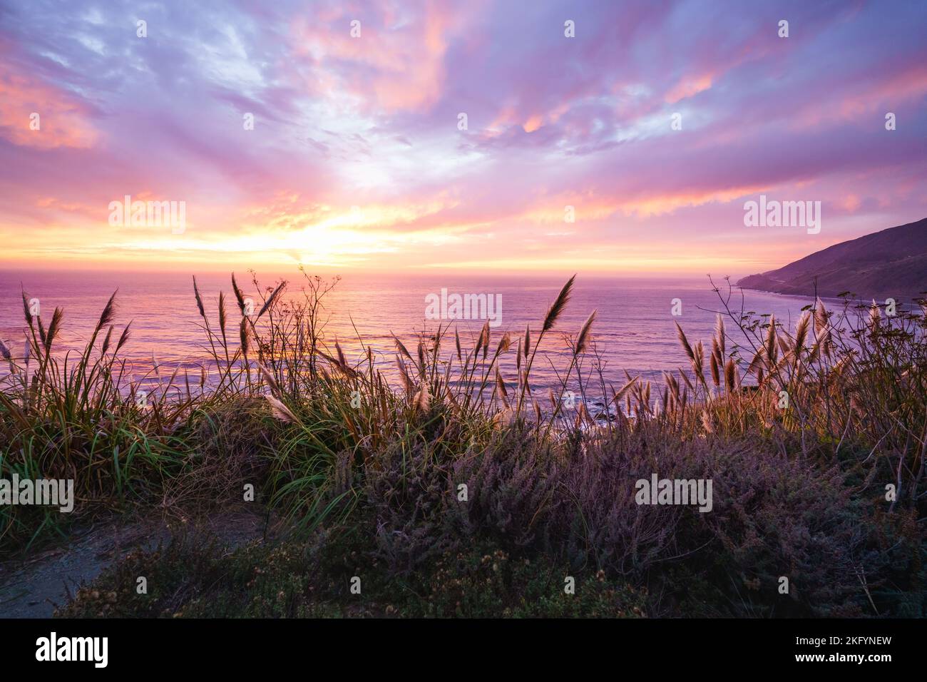 A beautiful pink sunset on the Big Sur coastline of California Central ...