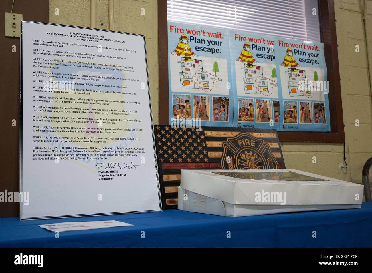 The National Fire Prevention Week proclamation is displayed during an ...