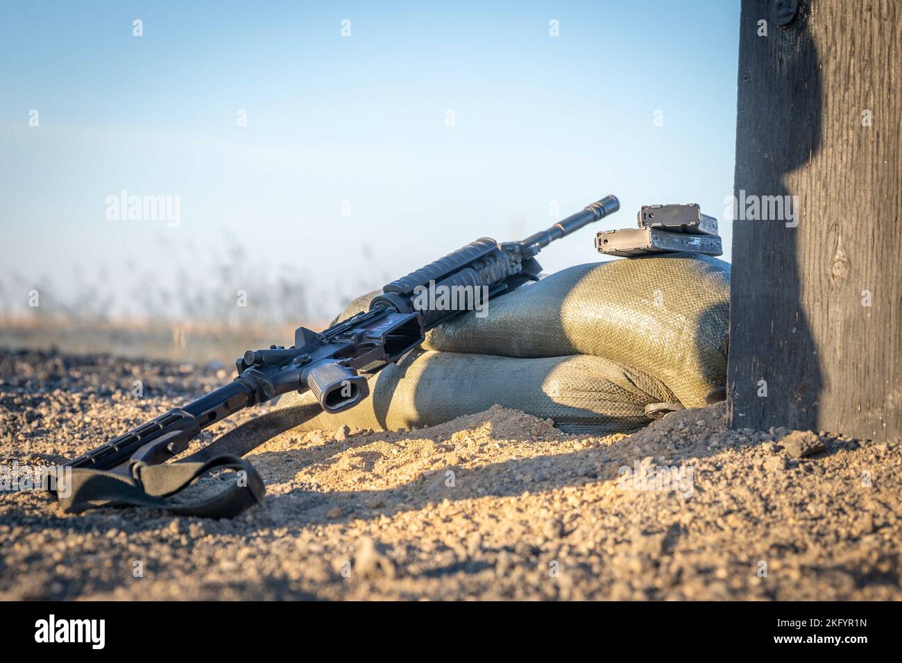 An M4 leans against sandbags at Orchard Combat Training Center, Idaho ...
