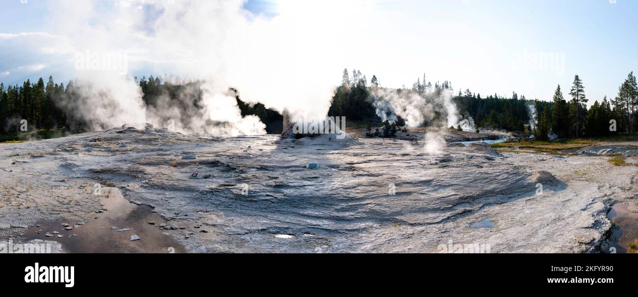 An early morning photograph of Mastiff and Giant Geysers, Upper Geyser ...
