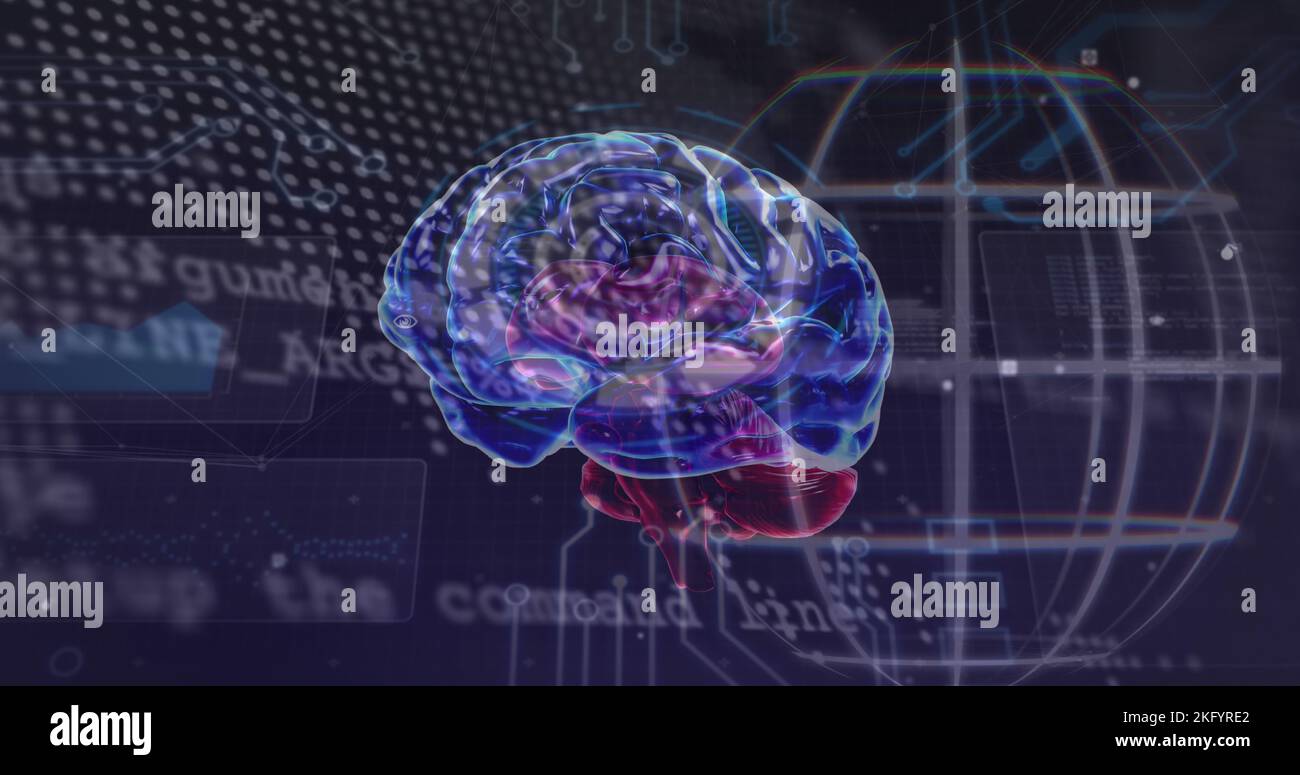 Image of brain, data processing and globe in navy space Stock Photo - Alamy