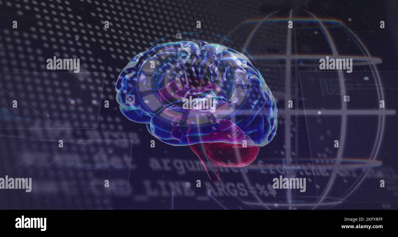 Image of brain, data processing and globe in navy space Stock Photo - Alamy