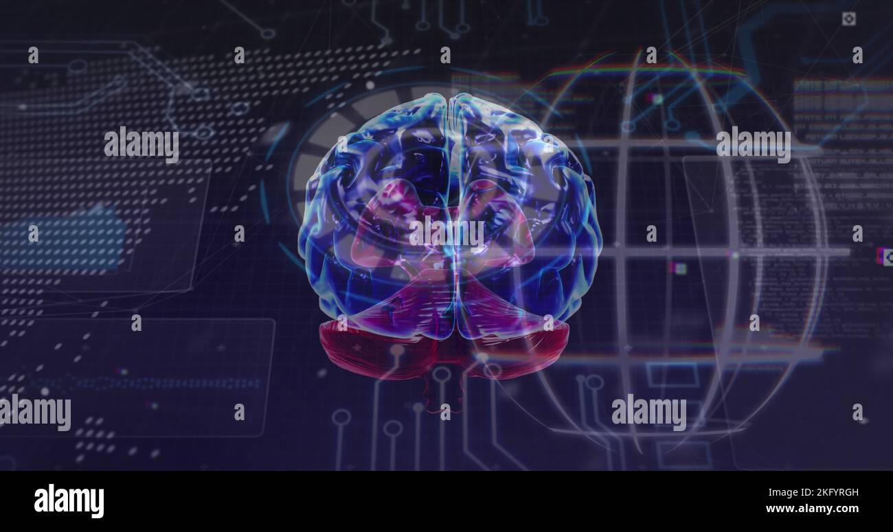 Image of brain, data processing and globe in navy space Stock Photo - Alamy