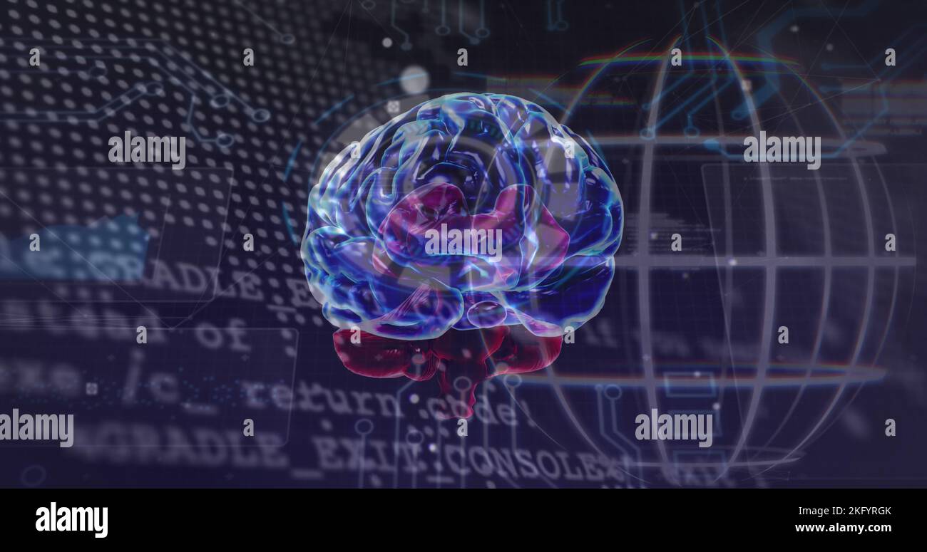 Image of brain, data processing and globe in navy space Stock Photo - Alamy