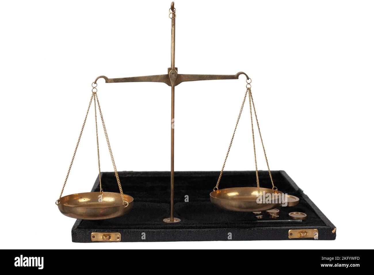 Bronze traditional balance scale set with weights in black box Stock ...