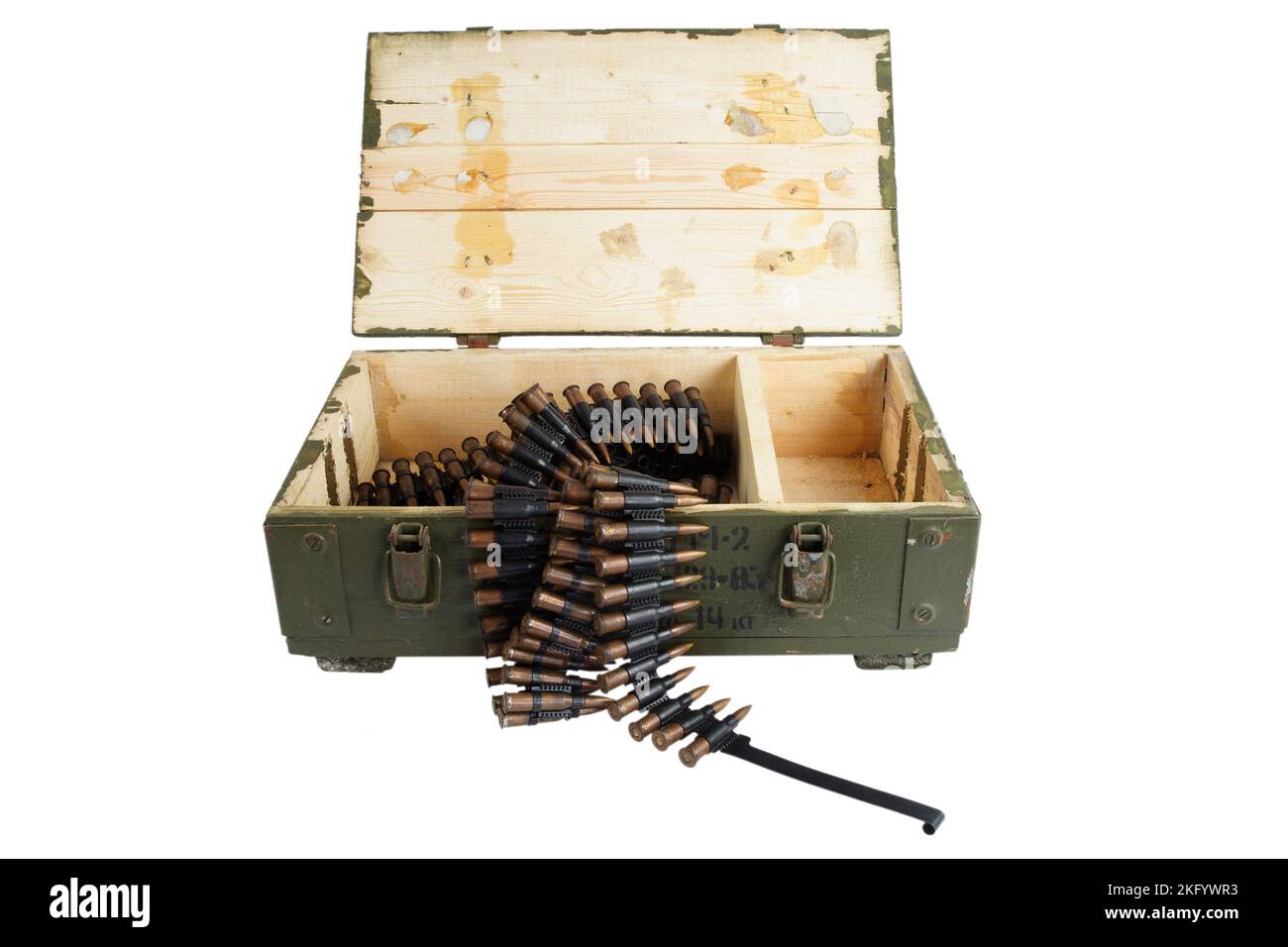 green army crate with ammunition belt isolated on white background ...
