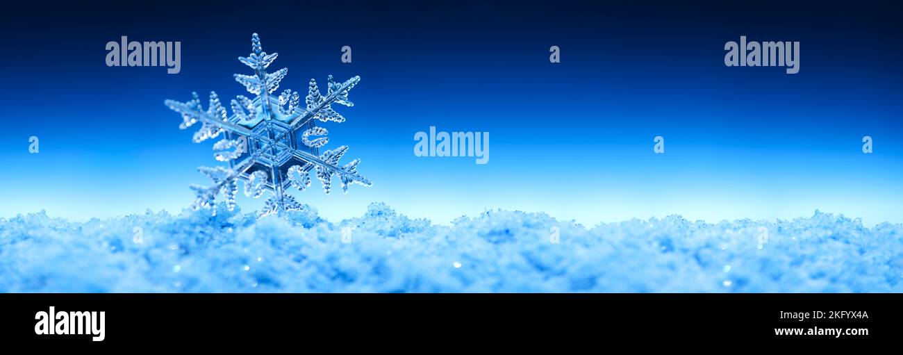 Clear snowflake crystal on sparkling snow. Cold or winter time concept ...