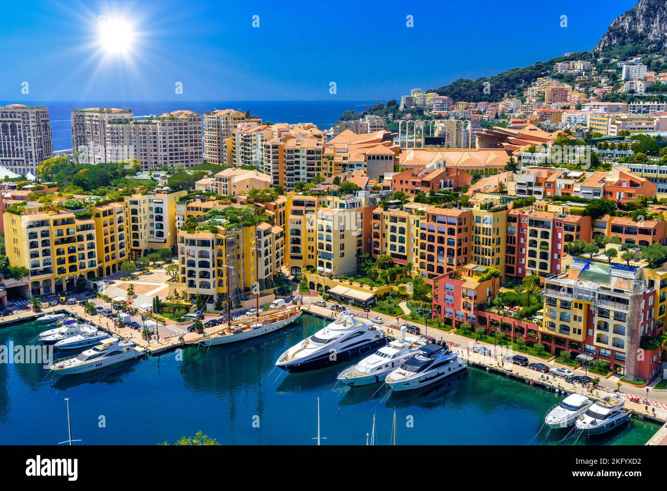 Yachts in bay near houses and hotels, Fontvielle, Monte-Carlo, Monaco ...
