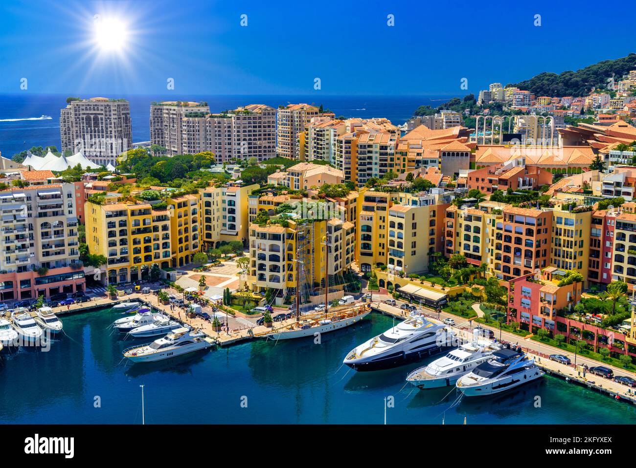 Yachts in bay near houses and hotels, Fontvielle, Monte-Carlo, Monaco ...
