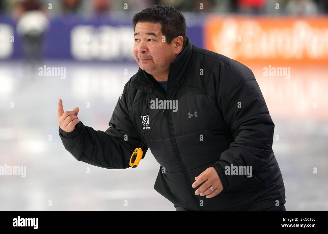U.S. speed skating coach Ryan Shimabukuro during ISU World Cup ...